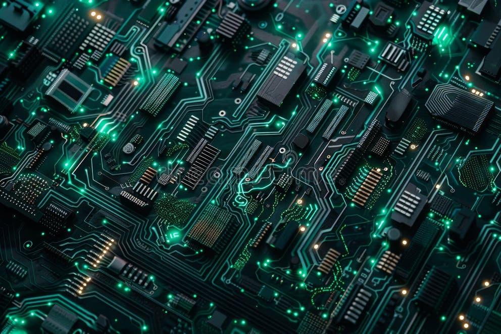 Close-up Macro Shot of Printed Circuit Board with Computer Motherboard Component Microchip ...
