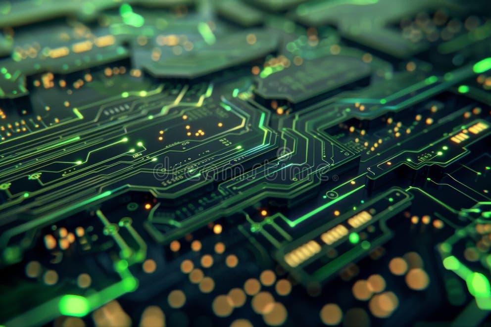 Close-up Macro Shot of Printed Circuit Board with Computer Motherboard Component Microchip ...