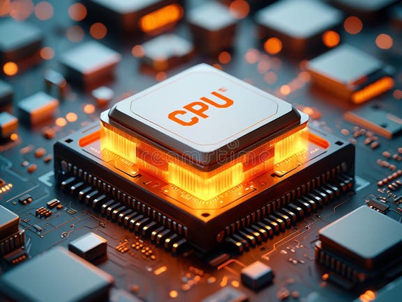 Close Up Macro View of a Glowing Computer Processor CPU with Circuits ...