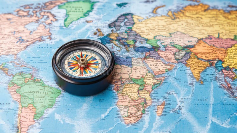 Close-up of a Magnetic Compass on a Detailed World Map Background Stock ...