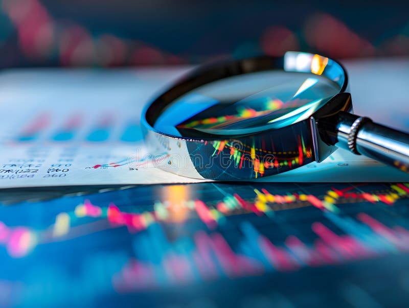 Close-up of a Magnifying Glass on Financial Charts Stock Illustration ...