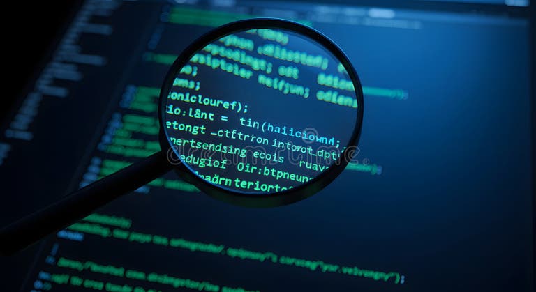 Magnifying Glass on Computer Screen Showing Programming Code ...