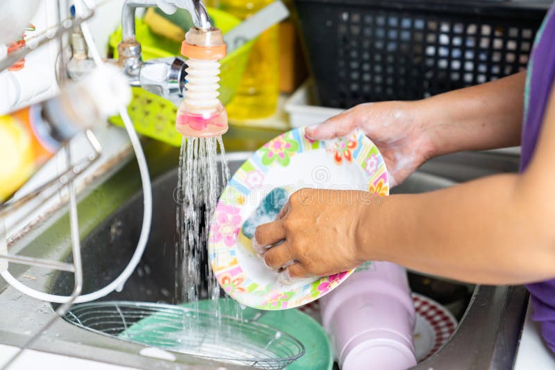 Close Up Maid Washing a Plate on a Sink Stock Image - Image of ...