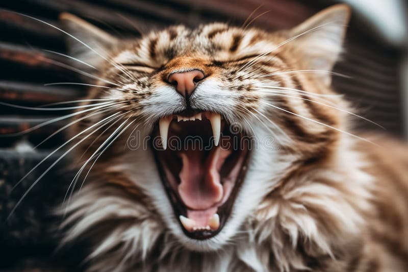 A Close Up Maine Coon Cat Yawning Stock Image - Image of mammal, mouth ...