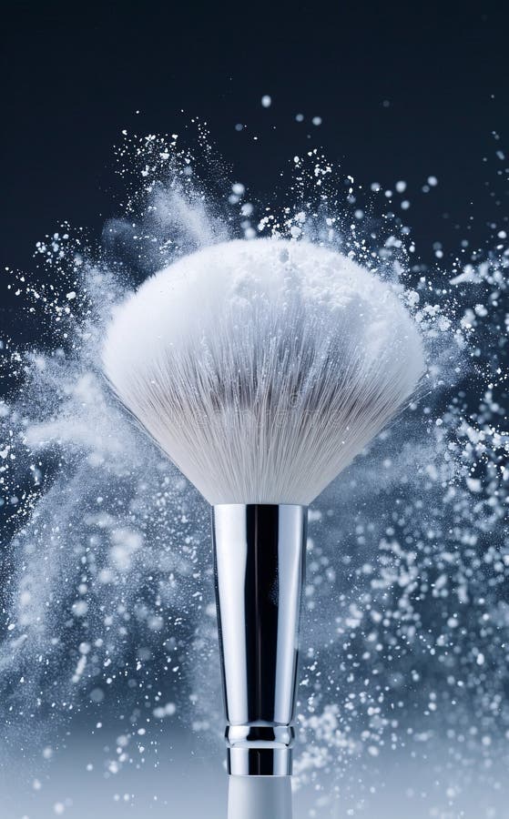 Close-Up of Makeup Brush with Powder Exploding Against Dark Background ...