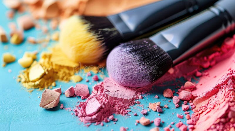 Close-up of Makeup Brushes on Bright Cosmetic Powder Splashes. Stock ...