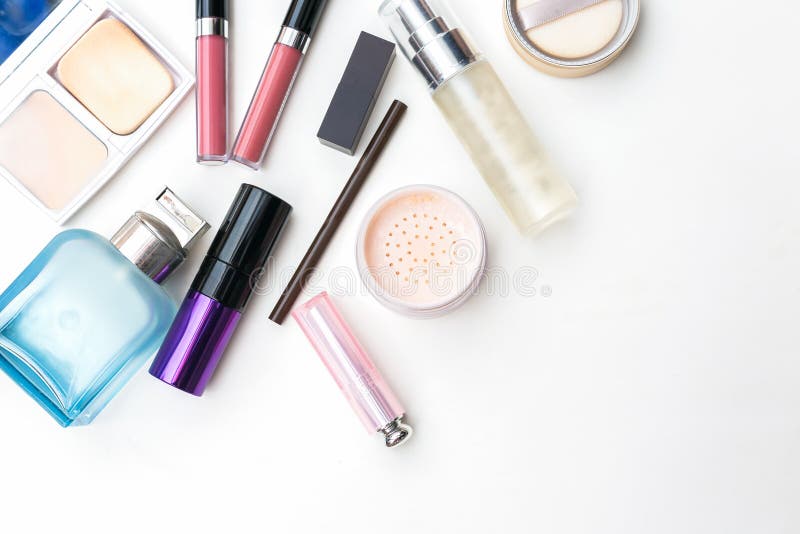 Close Up of Makeup Cosmetic Set Stuff. Top View Stock Photo - Image of ...