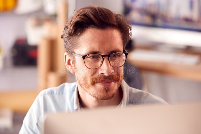 Close Up of Male Architect in Office Working on Desktop Computer Viewed ...