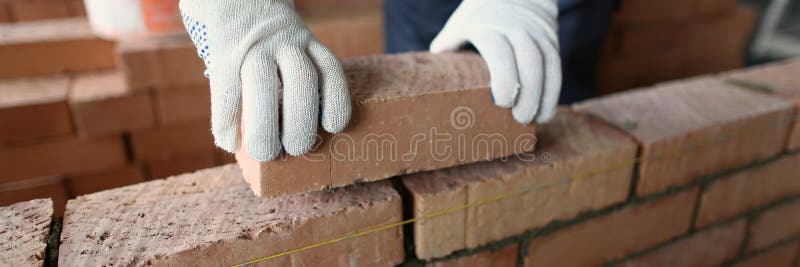 Male Builder Hands Making Make Brickwork Using Red Bricks Stock Photo ...
