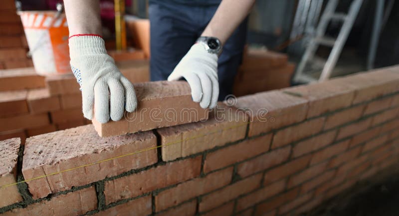 Male Builder Hands Making Make Brickwork Using Red Bricks Stock Photo ...