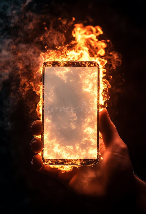 Close-up of Male Hand Holds a Burning Smartphone with Empty White ...