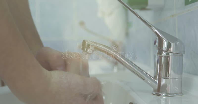 Close Up of Male Hand Open the Tap and Wash. Stock Footage - Video of ...