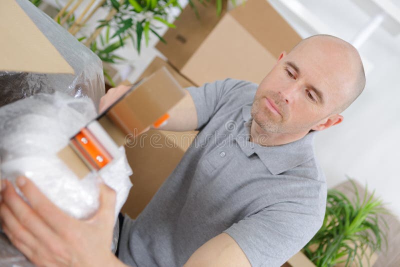 Close Up Male Hand Packing Cardboard Box Stock Image - Image of ...