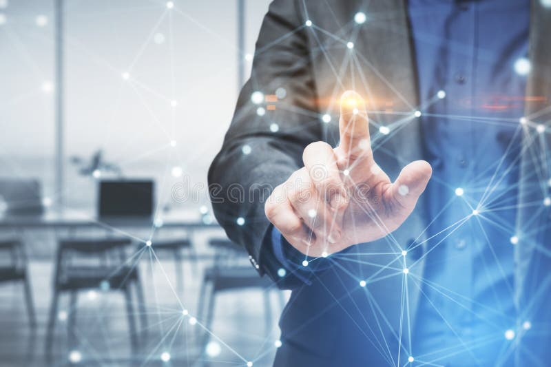 Close Up of Male Hand Pointing at Creative Glowing Blurry Plexus on ...