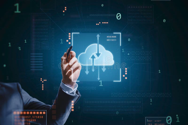 Close Up of Male Hand Pointing at Digital Cloud Computing Hologram on Blurry Background. Cloud ...