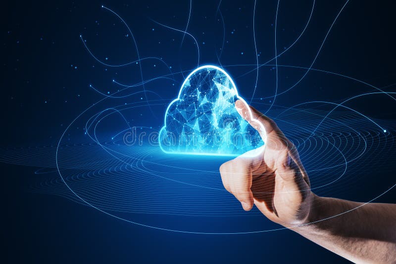 Close Up of Male Hand Pointing at Digital Polygonal Cloud with Lines on ...