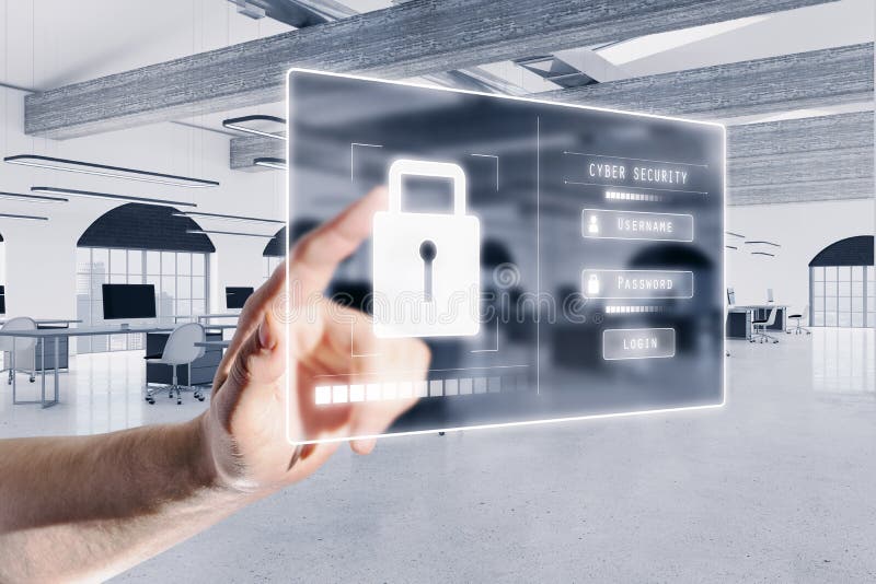 Close Up of Male Hand Pointing at Glowing Padlock Interface on Blurry ...