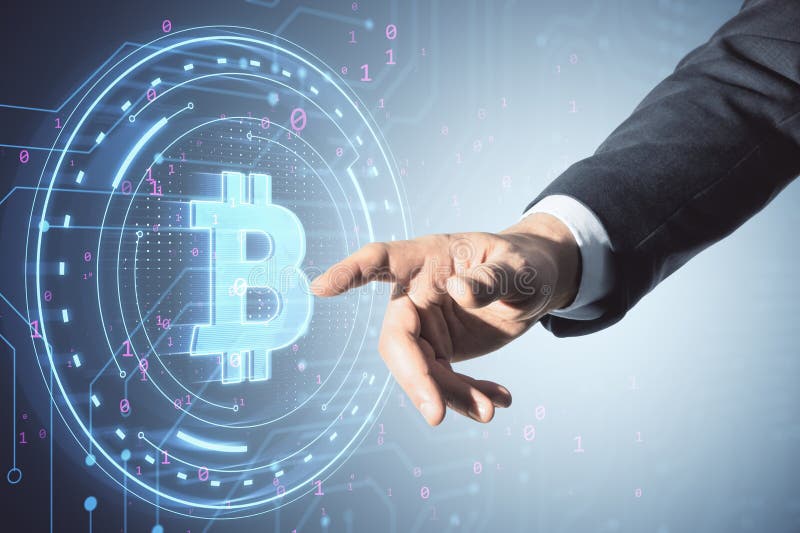 Close Up of Male Hand Using Digital Bitcoin Sign on Blurry Background ...