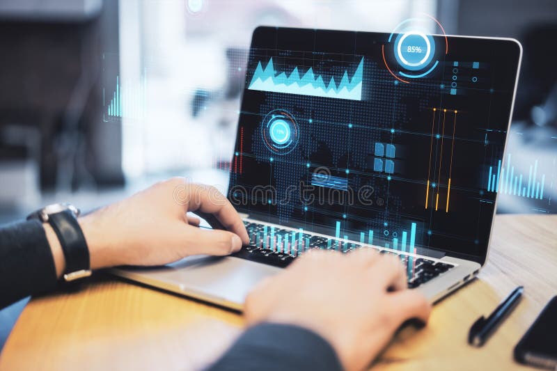 Close Up of Male Hand Using Laptop Computer Keyboard with Glowing ...