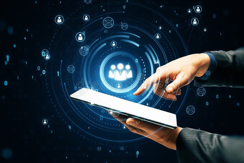 Close Up of Male Hand Using Mobile Phone with Glowing People Icons ...