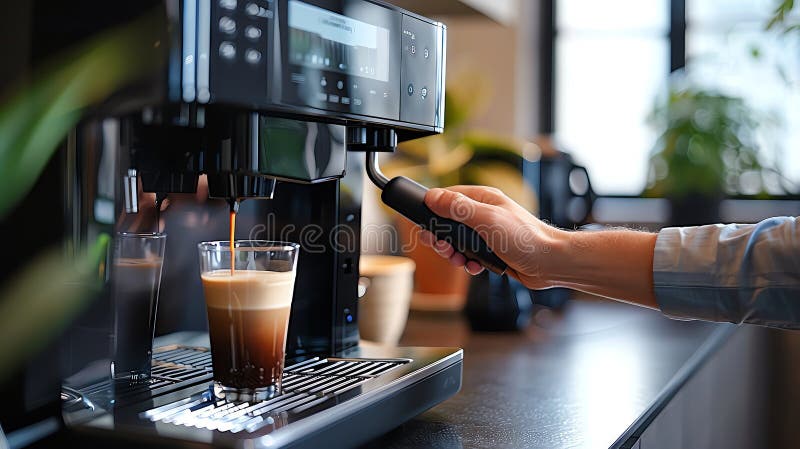 Close Up Male Hand Using Modern Coffee Machine at Office Stock ...