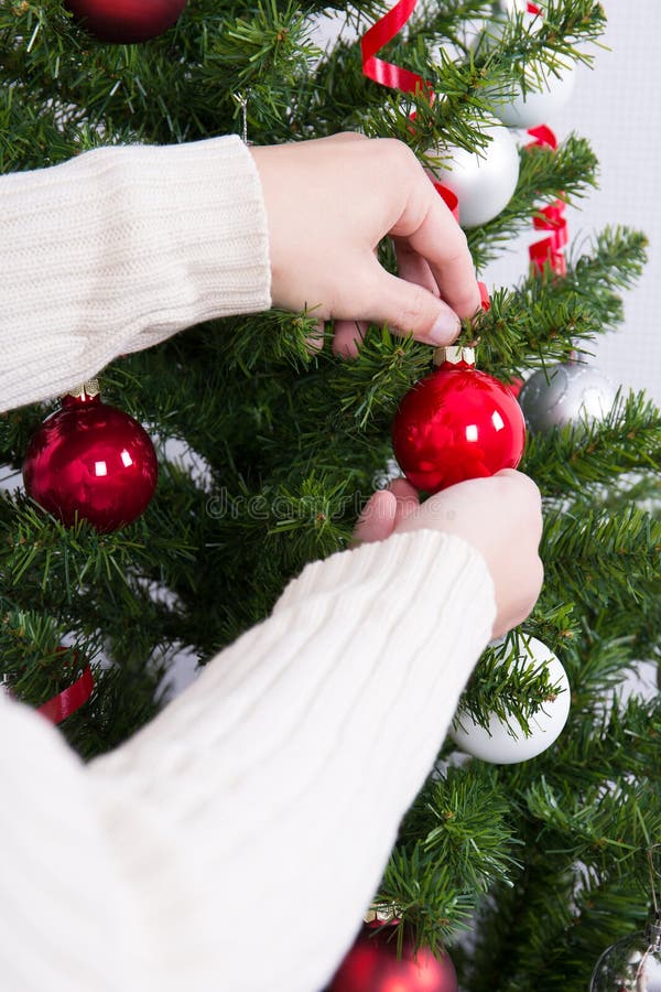 Close Up of Male Hands Decorating Christmas Tree Stock Photo - Image of ...