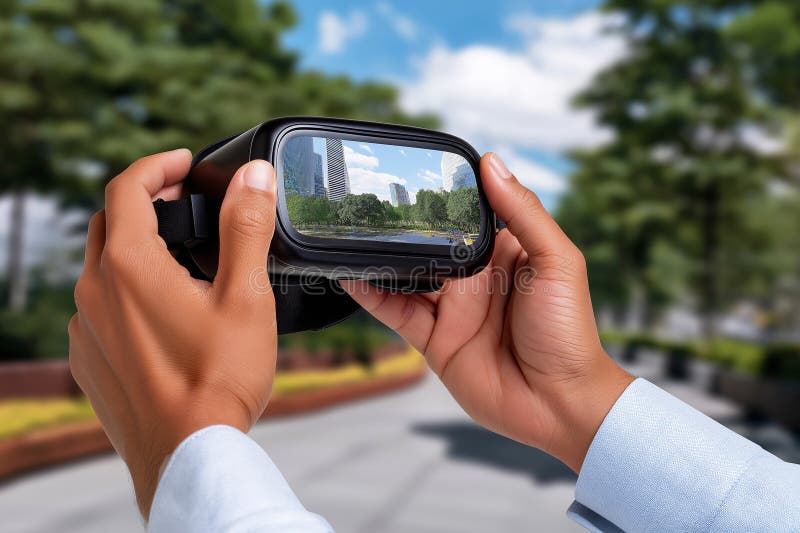 Close-up of Male Hands Holding VR Glasses Stock Illustration ...