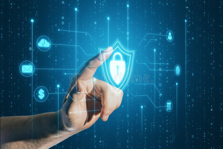 Close Up of Male Hands Pointing at Glowing Blue Padlock Shield with ...