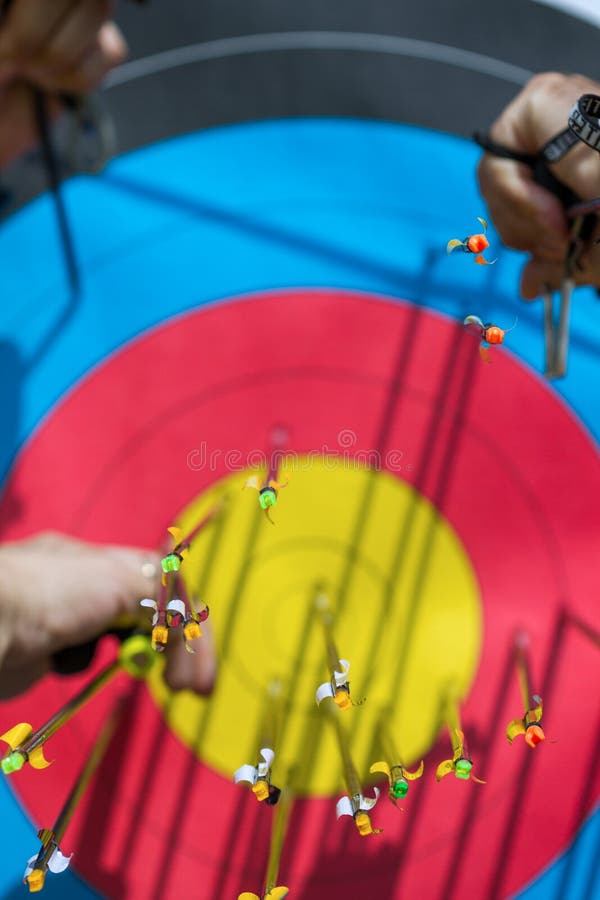 Close Up of Male Hands Pulling Out Arrows from an Archery Target. Stock ...