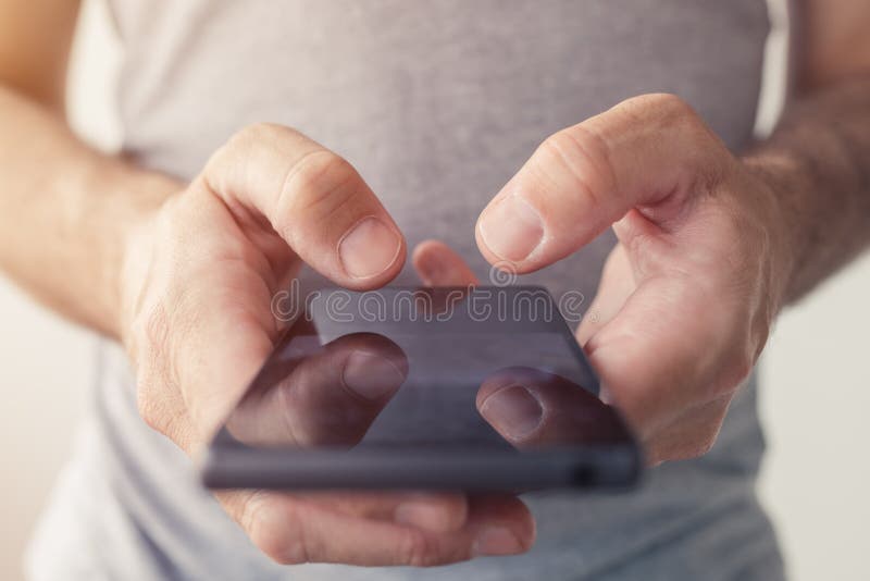 Close Up of Male Hands Typing Text Message on Smartphone Stock Image ...