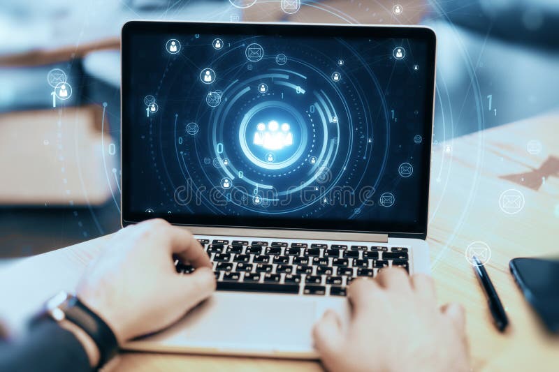 Close Up of Male Hands Using Laptop on Desktop with Glowing People ...