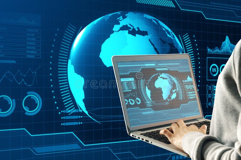 Close Up of Male Hands Using Laptop with Holographic Screen with ...