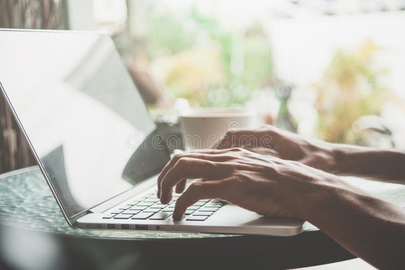 Close-up of Male Hands Using Laptop Stock Photo - Image of close, copy ...