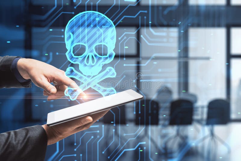 Close Up of Male Hands Using Pad with Glowing Skull Hologram on Blurry ...