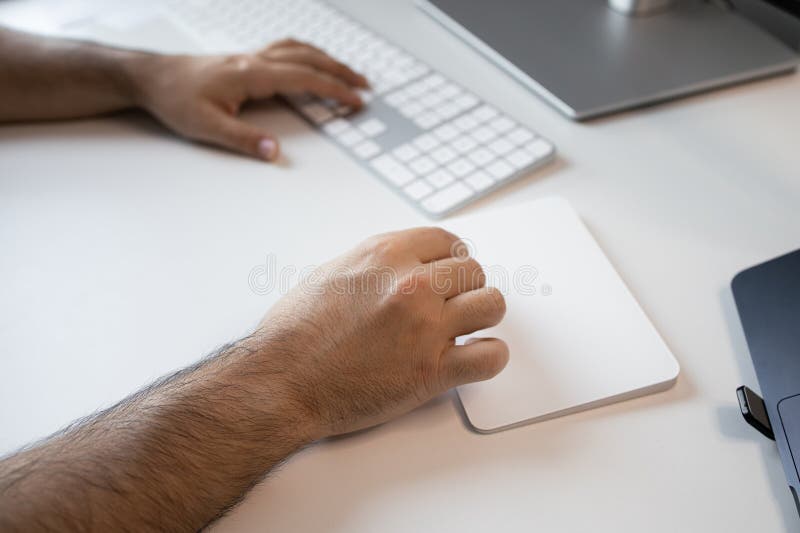 Close Up of Male Hands Using White Keyboard and Trackpad in Office ...
