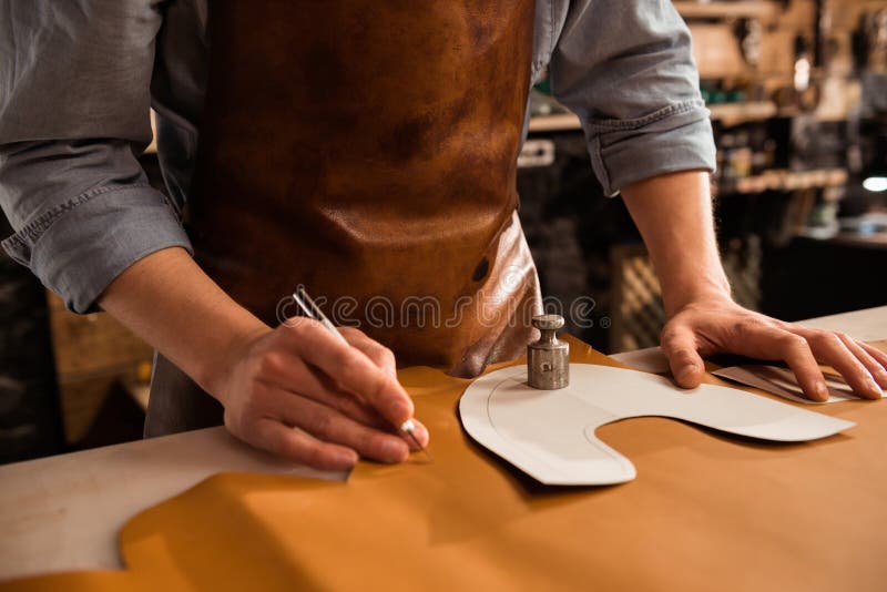 Close Up of a Male Shoemaker Cutting Leather Textile Stock Photo ...