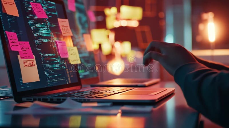 Software Developer Programming on Laptop with Sticky Notes in Office at ...