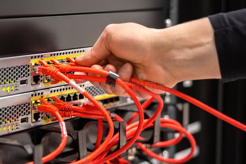 Close-up of Male Technician Plugging Cable in San Stock Image - Image ...