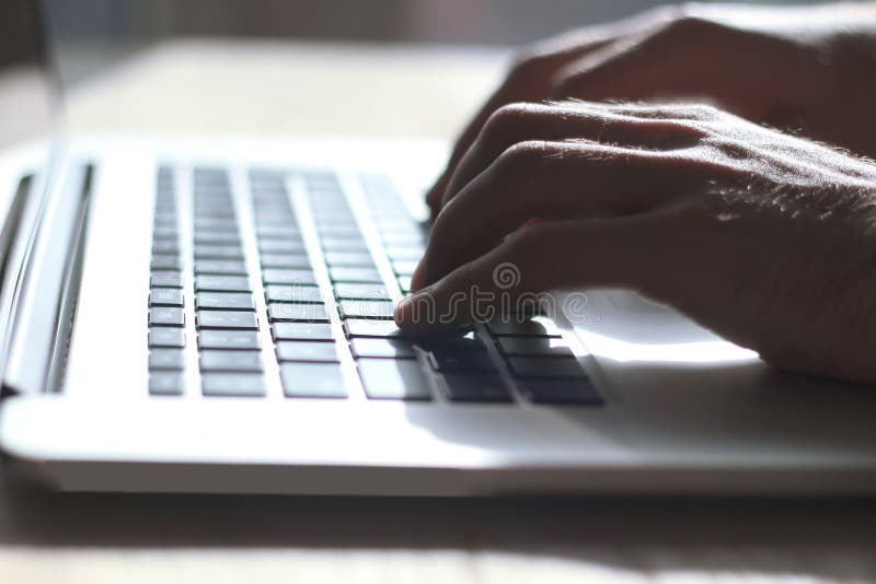 Close Up. Male Typing Text on Laptop Keyboard Stock Image - Image of ...