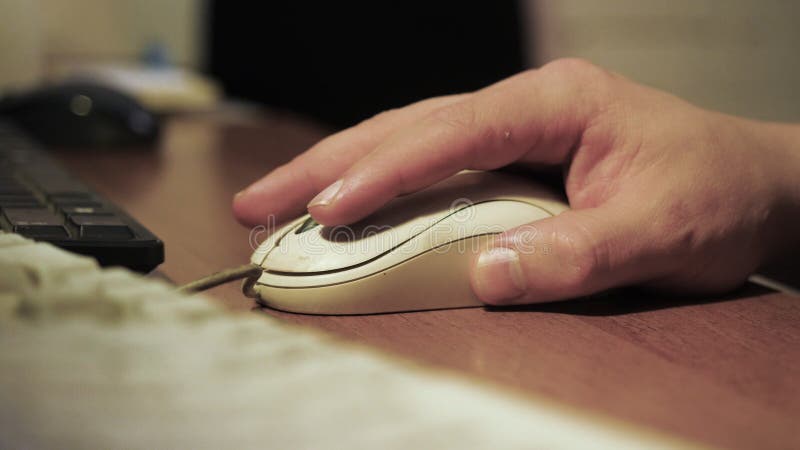 Close-up of Man Clicking on Old Computer Mouse. Stock Footage. Callused ...