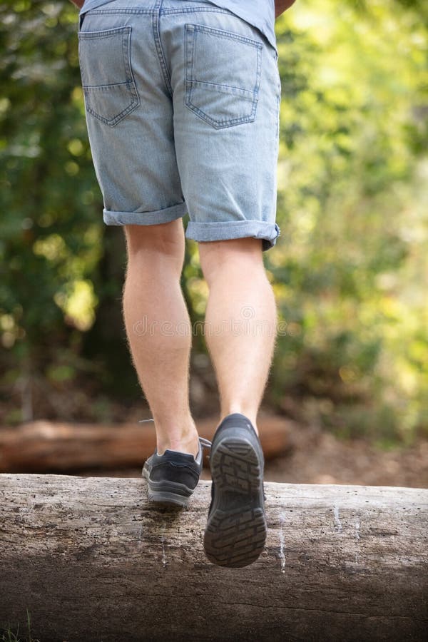 Close-up Man Climbing Over Fallen Tree Trunk in Woods Stock Photo ...