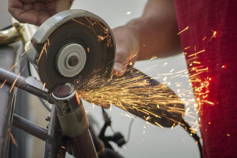 Cutting a Bicycle U-Lock, Using a Circular Disc Saw Stock Photo - Image ...