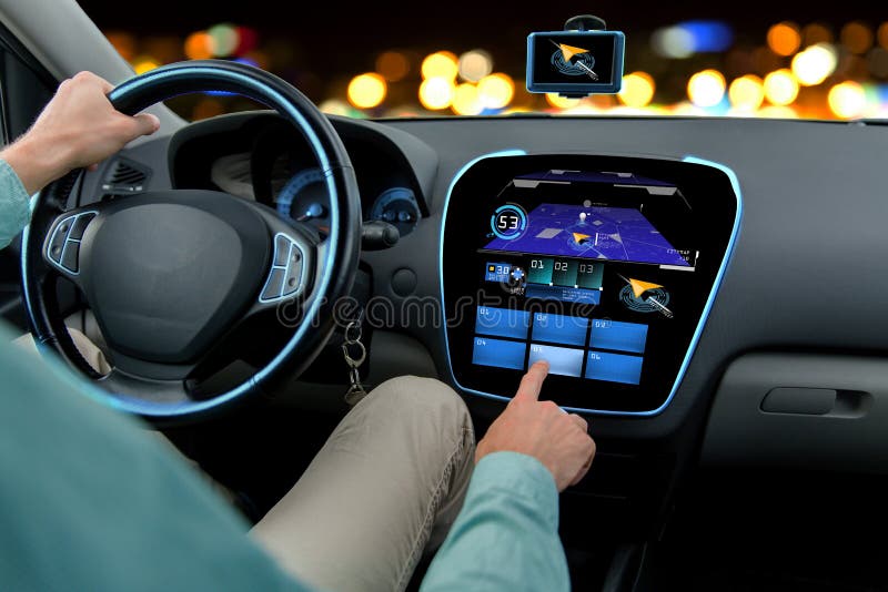 Close Up of Man Driving Car with Navigation System Stock Photo - Image ...