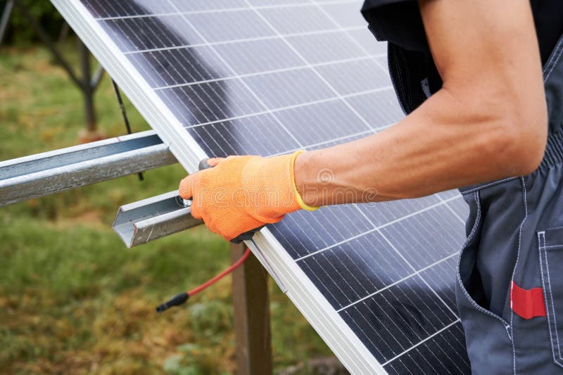 Close Up of Man Engineer Installing Solar Modules Stock Photo - Image ...