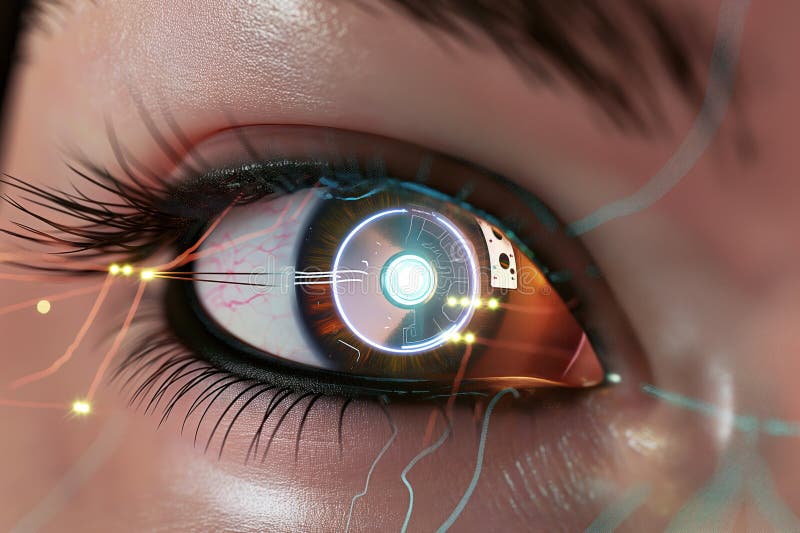 Close-up of a Man Eye with a Futuristic Implant. a Small Device is ...