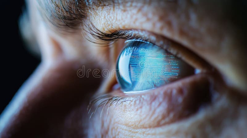 Close-up Man Eye Reflects Computer Screen with Complex Stats. Serious ...