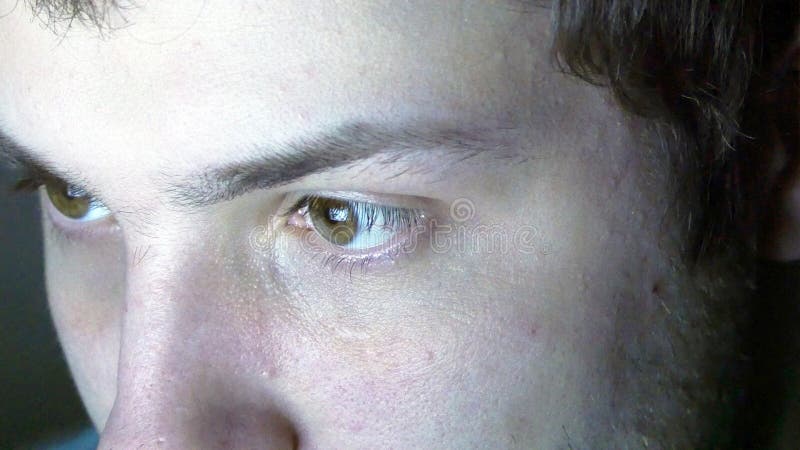 Close Up of Man Face Reading Internet, with Reflection of Screen in Her ...