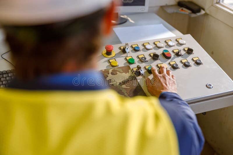Male Engineer Sitting at the Table and Pressing Button Stock Photo ...