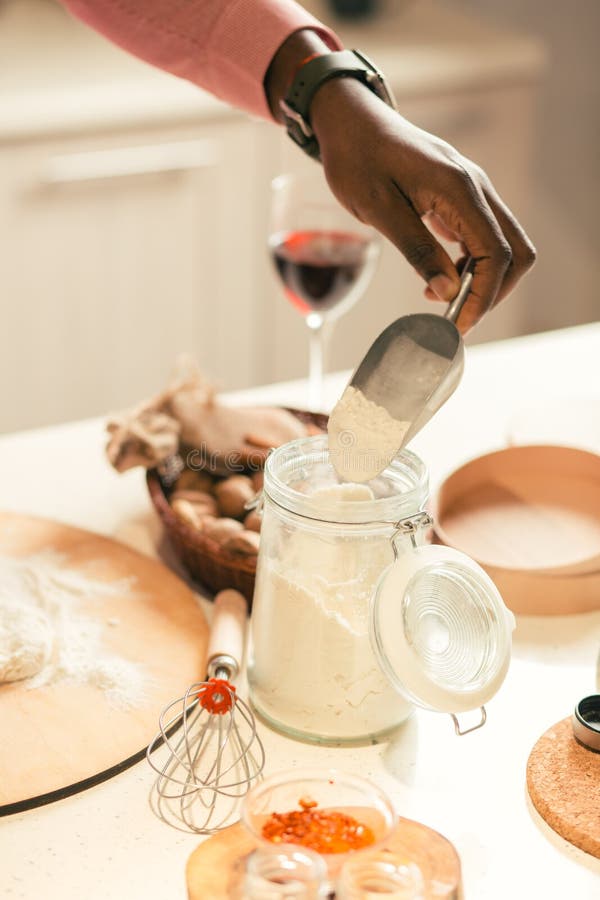 Close Up of Man Getting Flour from the Glass Jar Stock Image - Image of ...