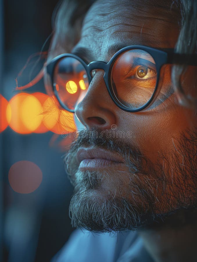 Close-up of a Man with Glasses Looking Intently at a Computer Screen ...